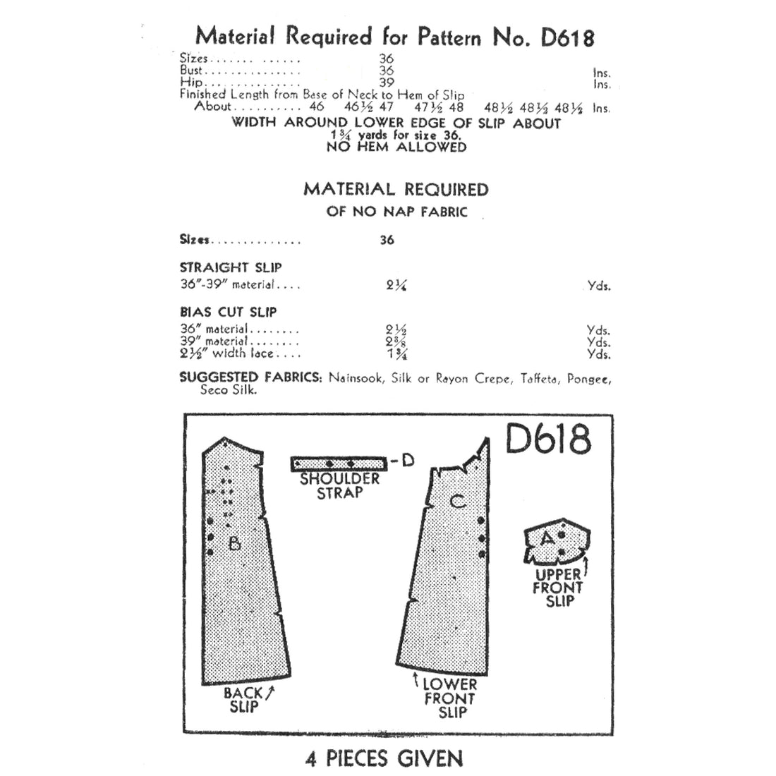Vintage 1930s Sewing Pattern, 3/4 leangth Slip - Bust: 36” (91.5cm ...