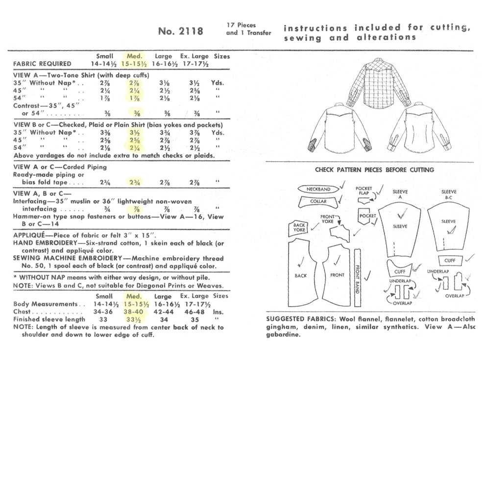 1950s Sewing Pattern, Men’s 'Yellowstone' Western Shirt - Chest: Multi ...